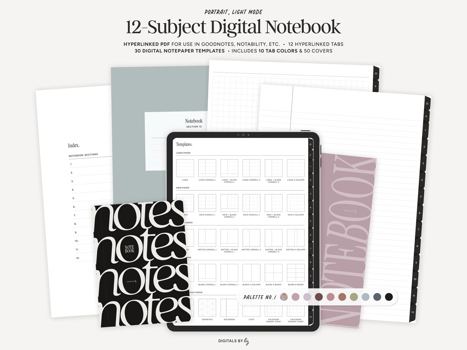 12 Subject Digital Notebook, Minimalist Portrait Digital Journal ...