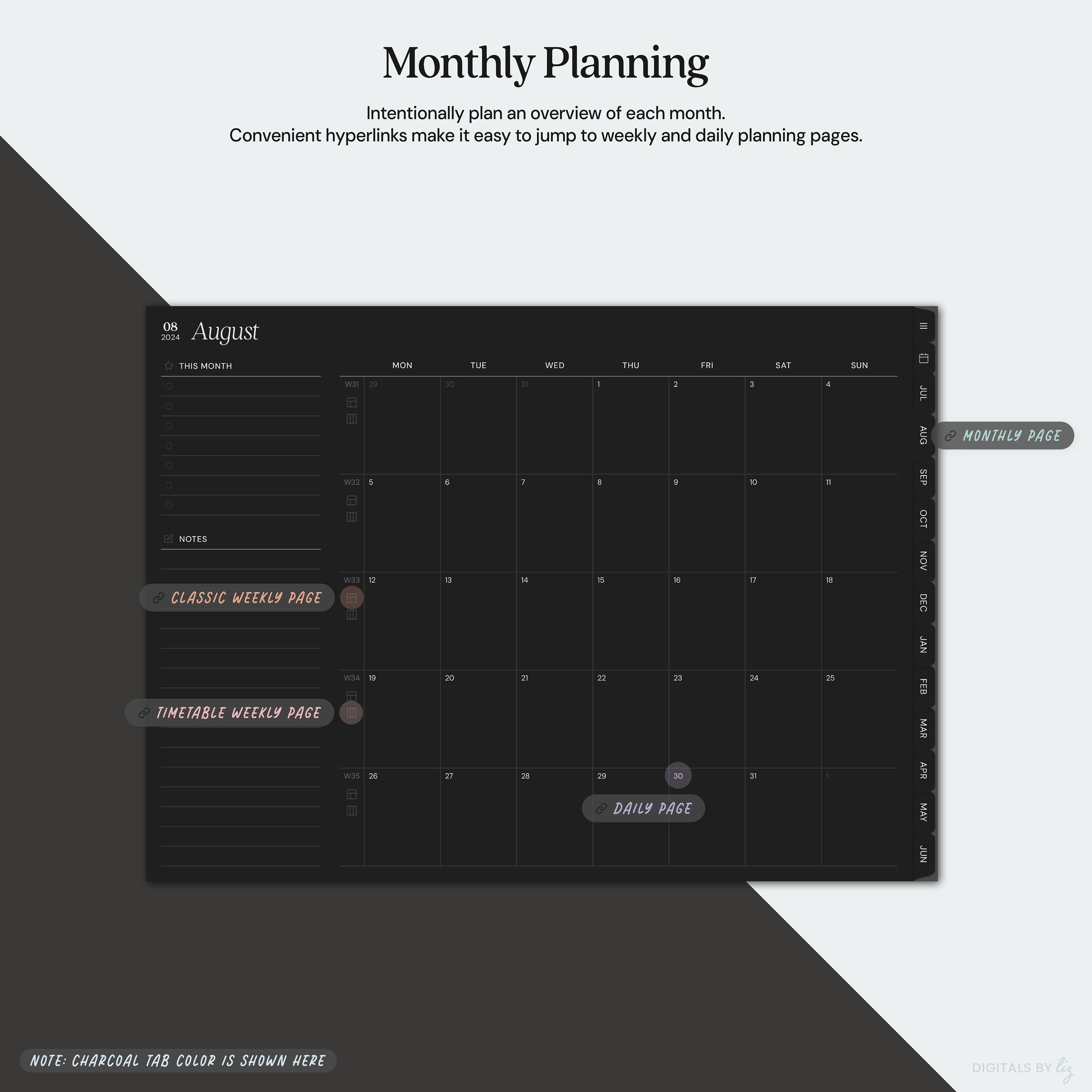Dark Mode 2024 2025 Midyear Digital Planner, Landscape Hyperlinked iPad ...