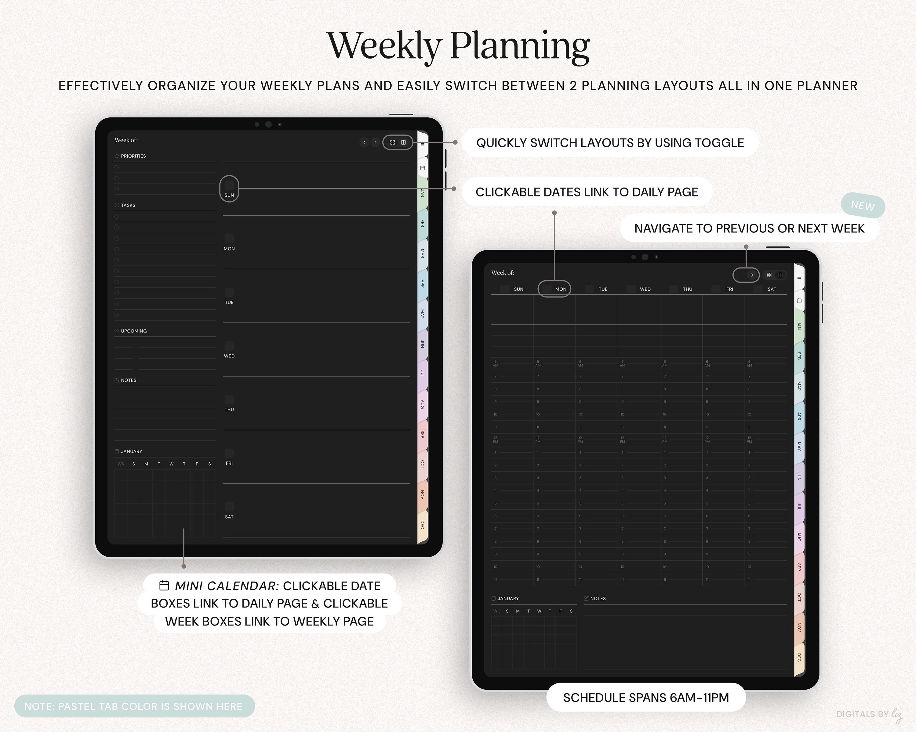 Undated Digital Planner Dark Mode, Goodnotes Planner, Notability ...