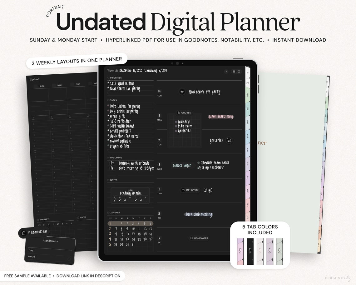 Undated Digital Planner Dark Mode, Goodnotes Planner, Notability ...