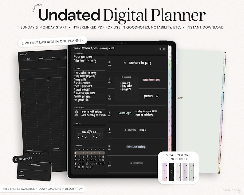 Undated Digital Planner Dark Mode, Goodnotes Planner, Notability ...