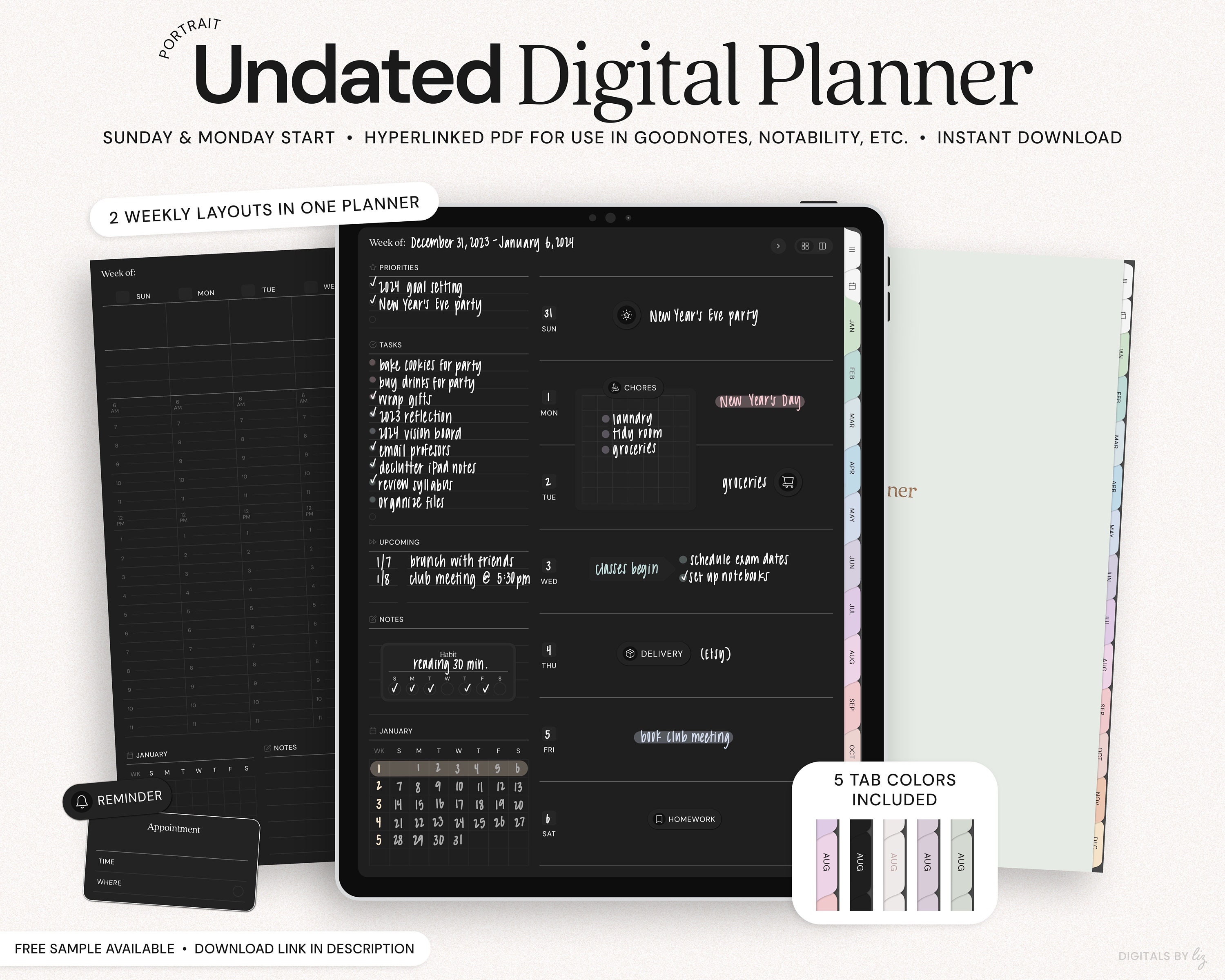 Undated Digital Planner Dark Mode, Goodnotes Planner, Notability ...