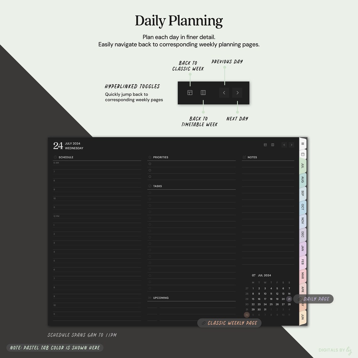 Dark Mode 2024 2025 Midyear Digital Planner, Landscape Hyperlinked iPad ...
