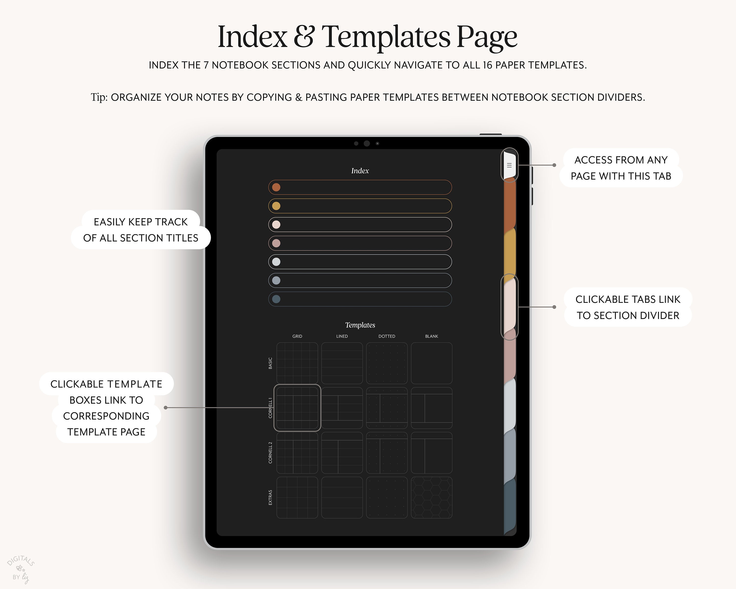 Dark Mode Digital Notebook 7 Hyperlinked Tabs, Minimalist Portrait ...