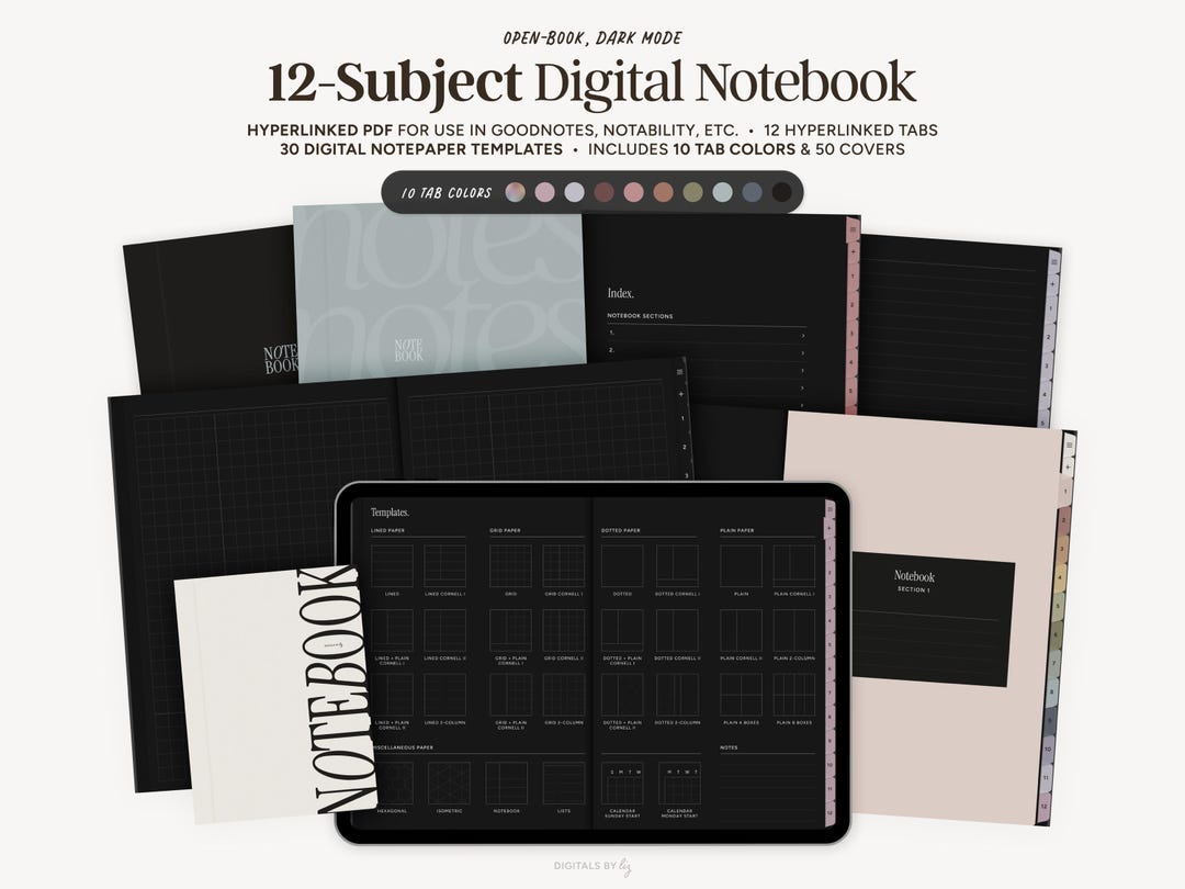 12 Subject Dark Mode Digital Notebook, Open-book | Minimalist Open Book ...