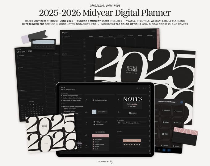 Dark Mode 2025-2026 Midyear Digital Planner, Landscape Hyperlinked iPad ...