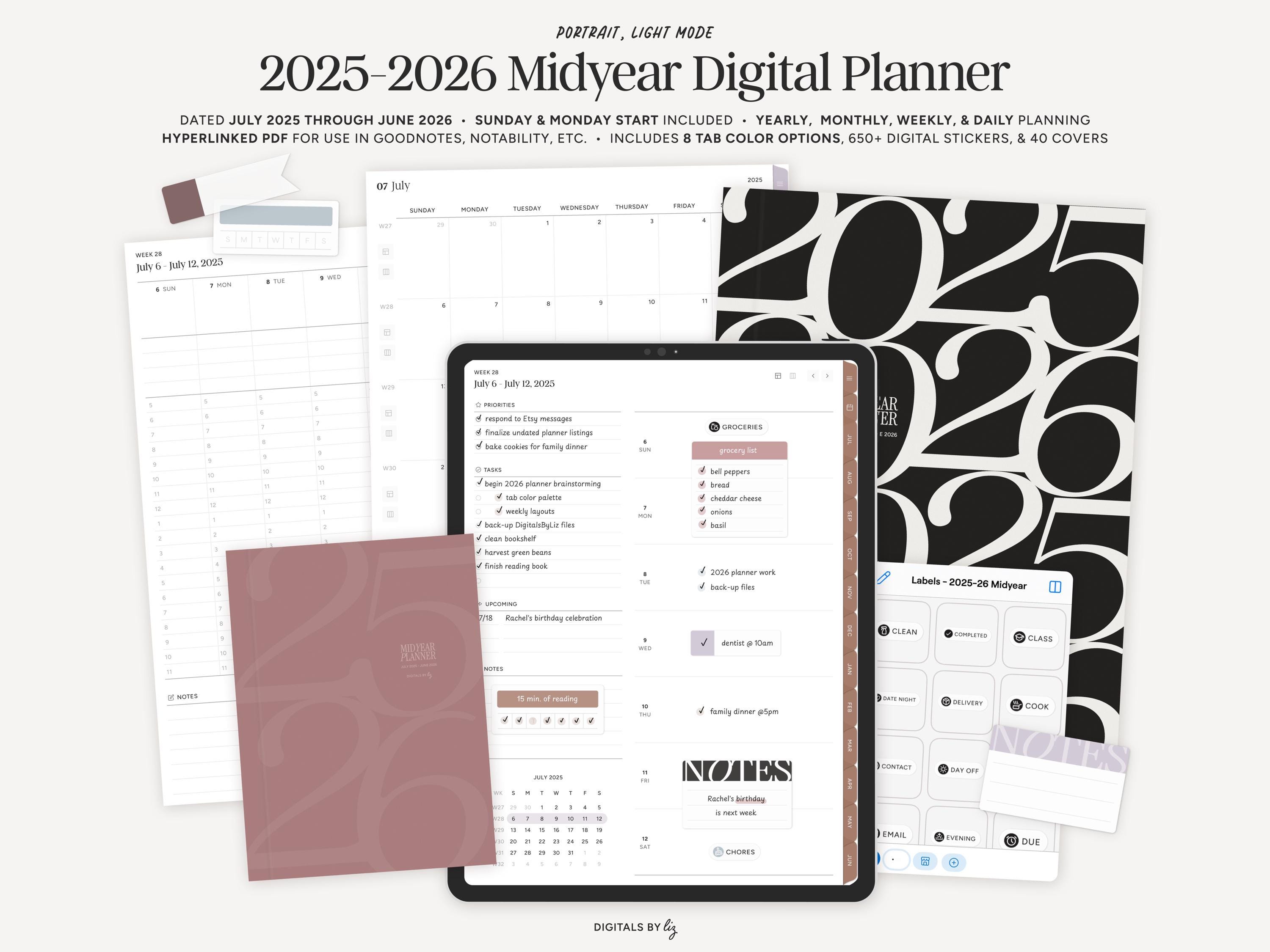 2025-2026 Midyear Digital Planner, Portrait Hyperlinked iPad Planner ...