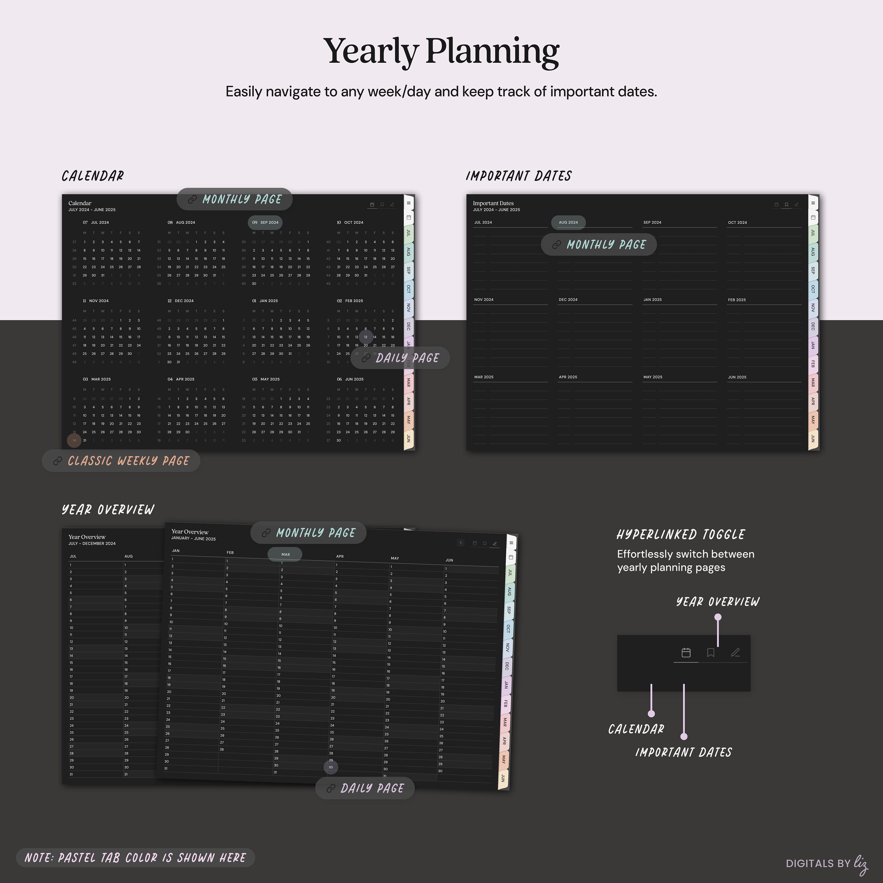 Dark Mode 2024 2025 Midyear Digital Planner, Landscape Hyperlinked iPad ...