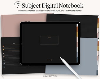 Dark Mode Digital Notebook 7 Hyperlinked Tabs, Floral Portrait Digital ...