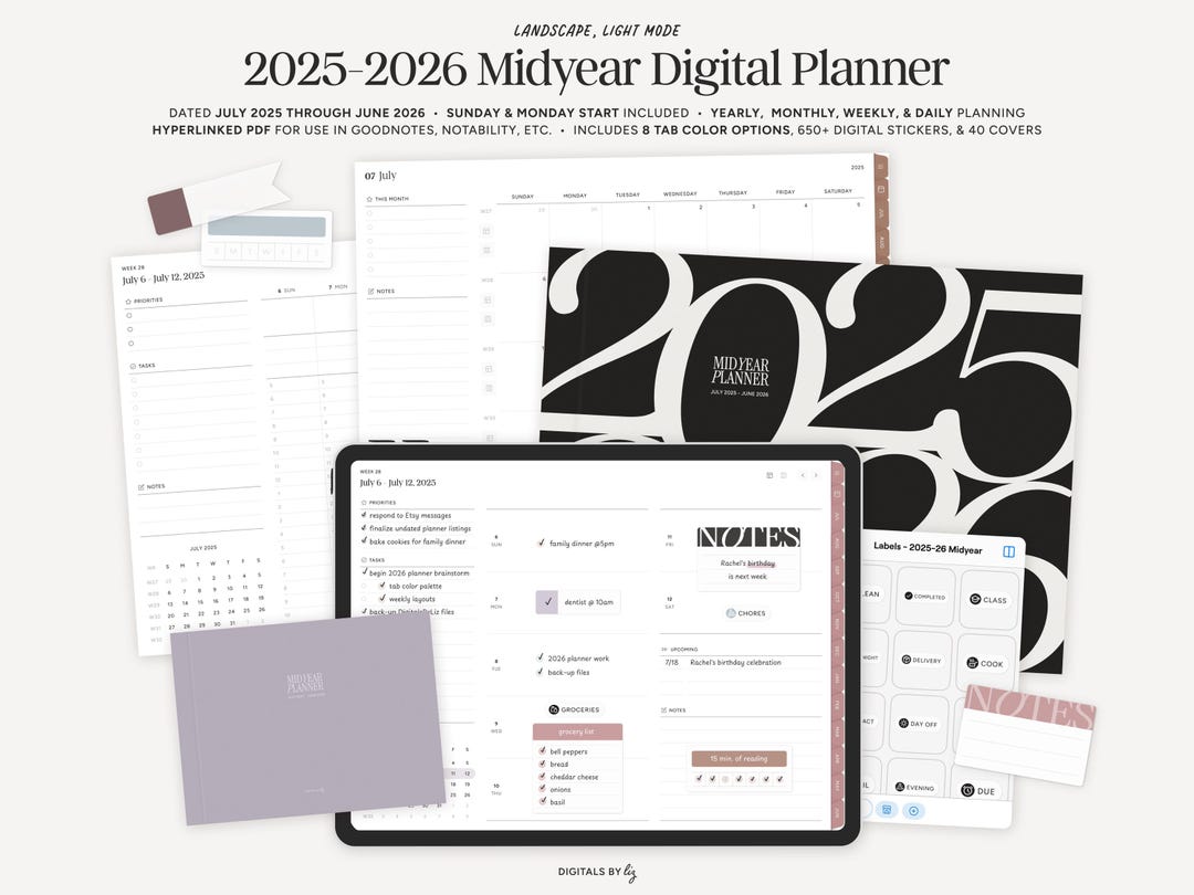 2025-2026 Midyear Digital Planner, Landscape Hyperlinked iPad Planner ...
