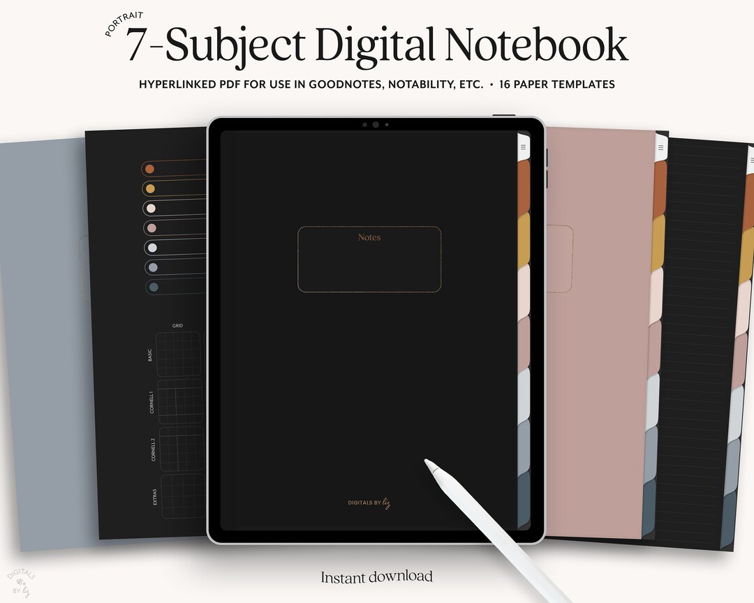 Dark Mode Digital Notebook 7 Hyperlinked Tabs, Minimalist Portrait ...