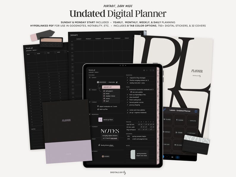 UNDATED Dark Mode Digital Planner, Portrait Undated Agenda, Hyperlinked ...