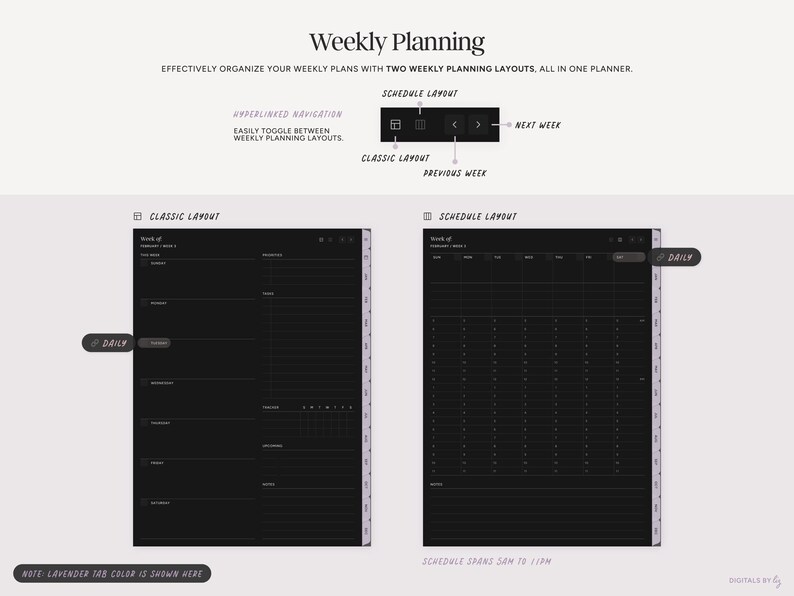 UNDATED Dark Mode Digital Planner, Portrait Undated Agenda, Hyperlinked ...