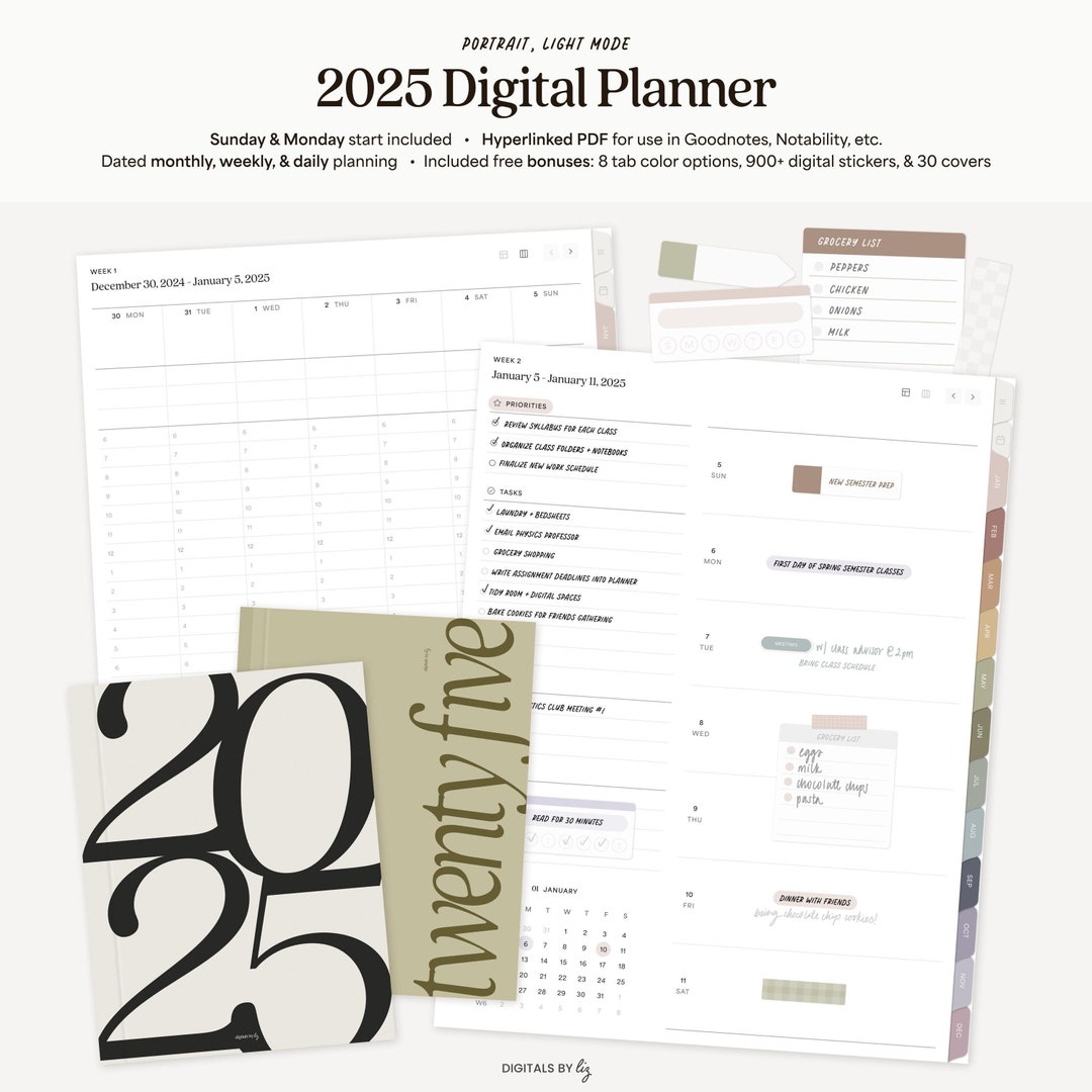 2025 Digital Planner, Portrait Hyperlinked iPad Planner, Goodnotes ...