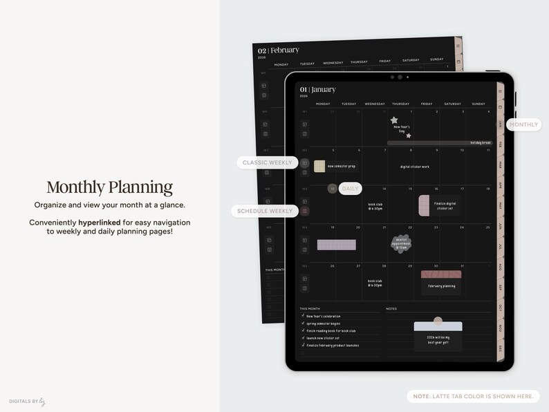 2026 Dark Mode Digital Planner, Portrait | Hyperlinked iPad Planner ...