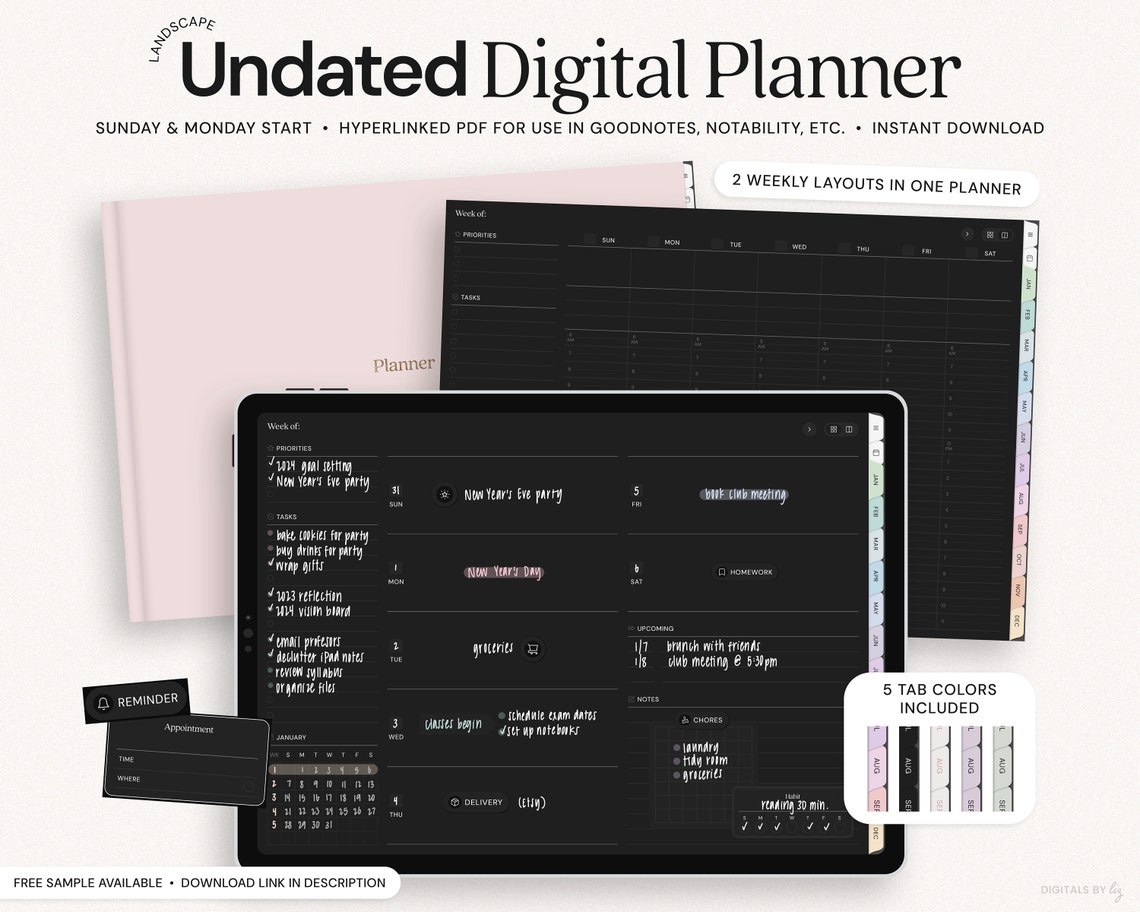 Undated Digital Planner Dark Mode, Goodnotes Planner, Notability ...