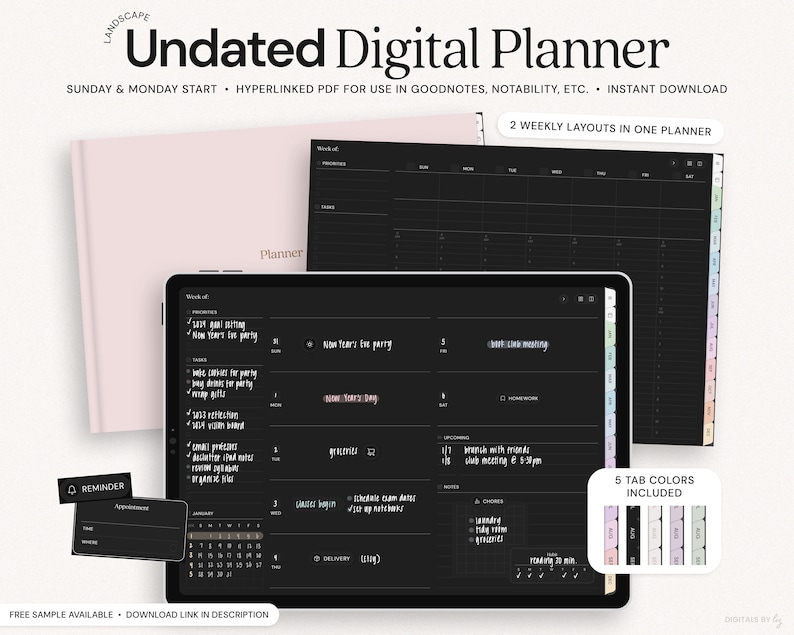Undated Digital Planner Dark Mode, Goodnotes Planner, Notability ...