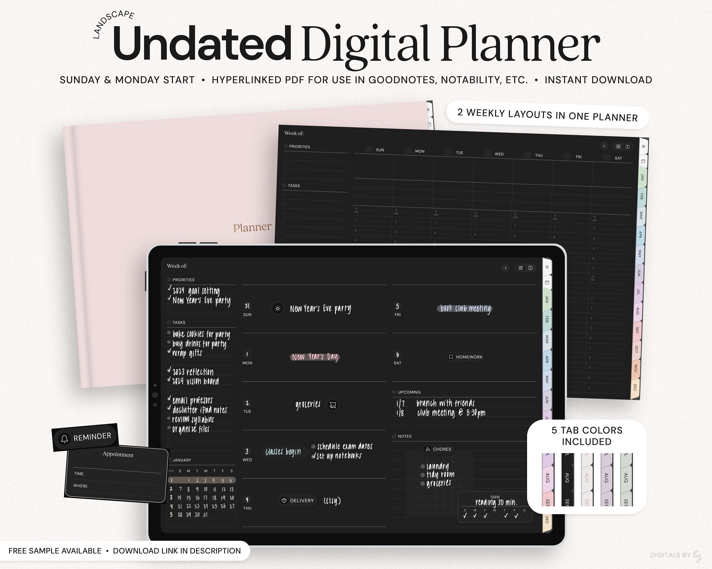 Undated Digital Planner Dark Mode, Goodnotes Planner, Notability ...