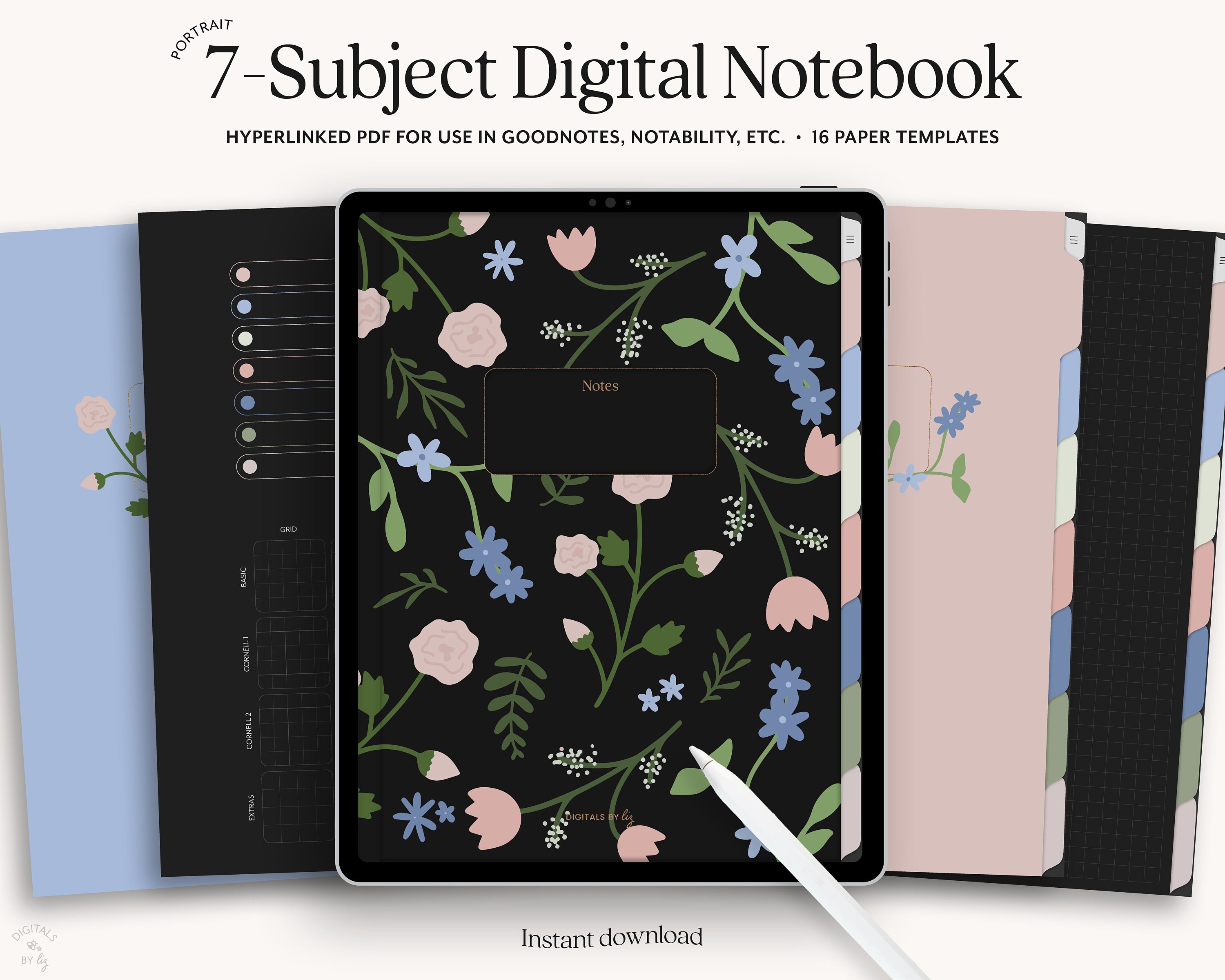 Dark Mode Digital Notebook 7 Hyperlinked Tabs, Floral Portrait Digital ...