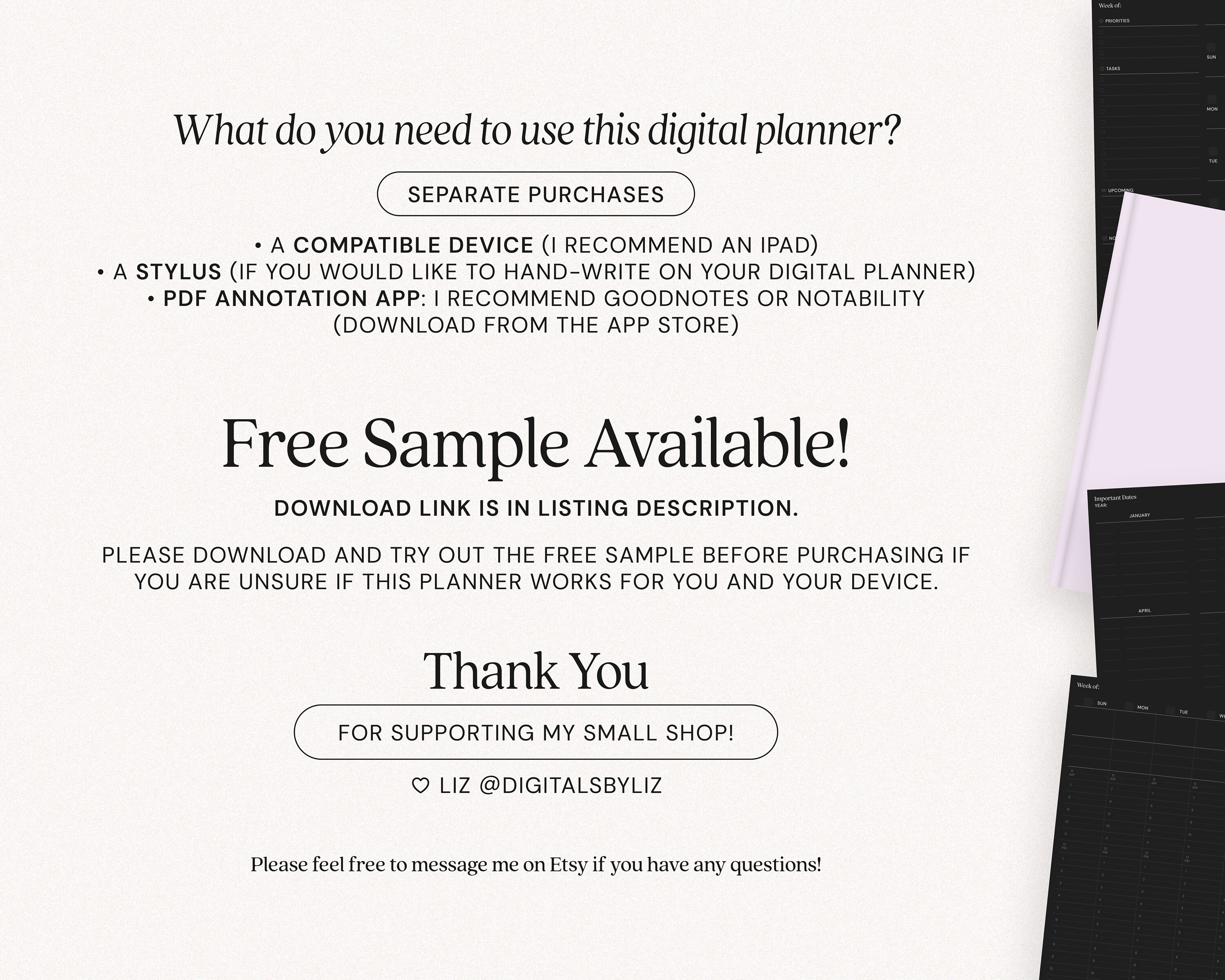 Undated Digital Planner Dark Mode, Goodnotes Planner, Notability ...