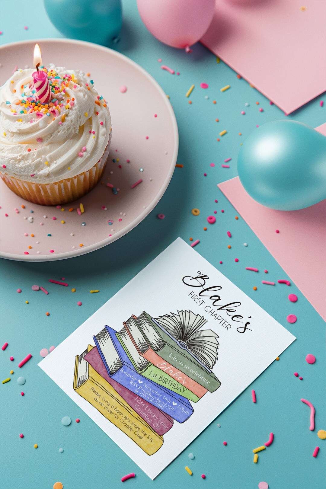 Book Themed 1st Birthday Party Invites envelopes Included - Etsy
