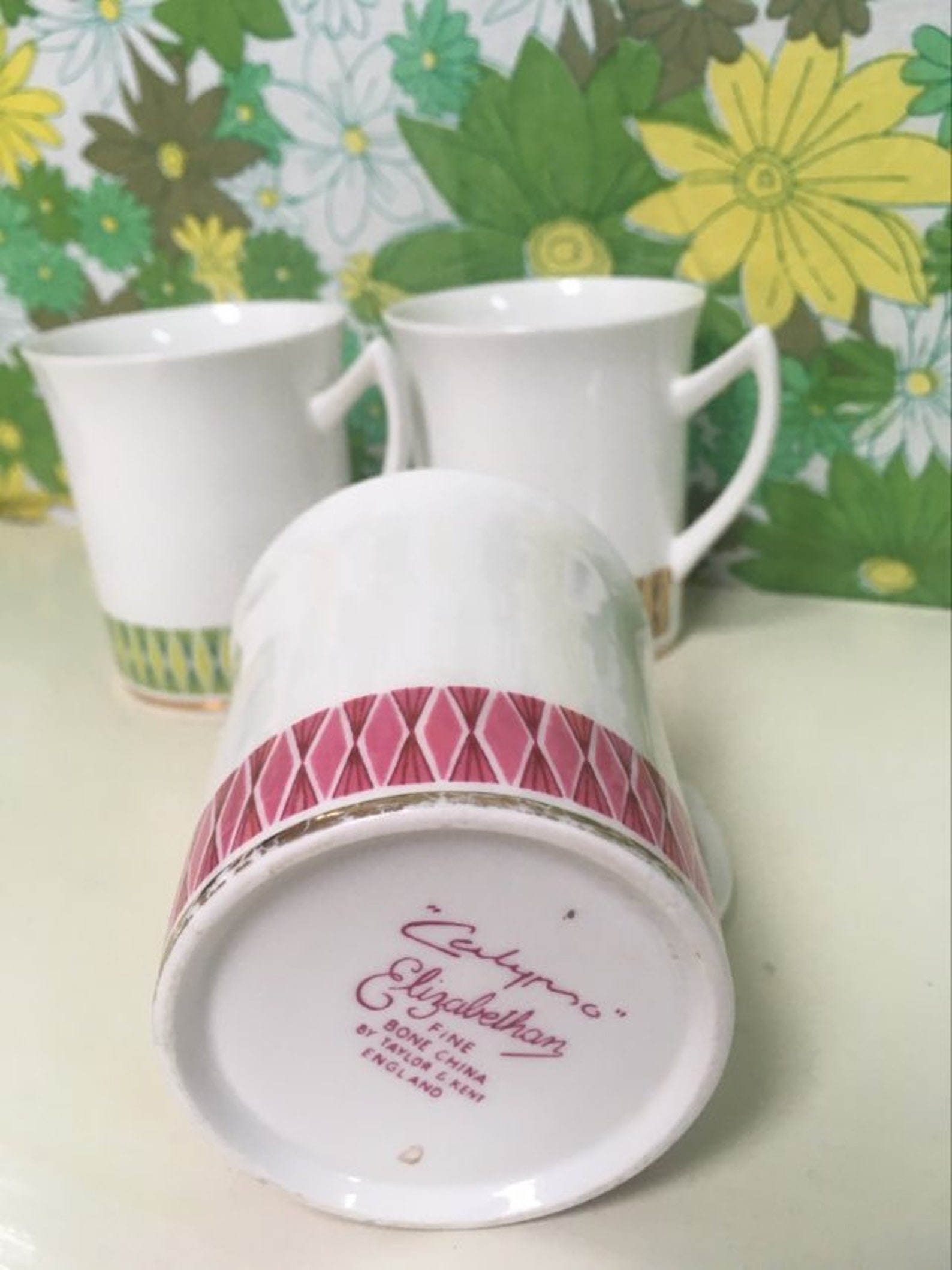 Retro, jaren '60 Elizabethaanse 'Calypso cups x3 Mid Century fijne bone ...