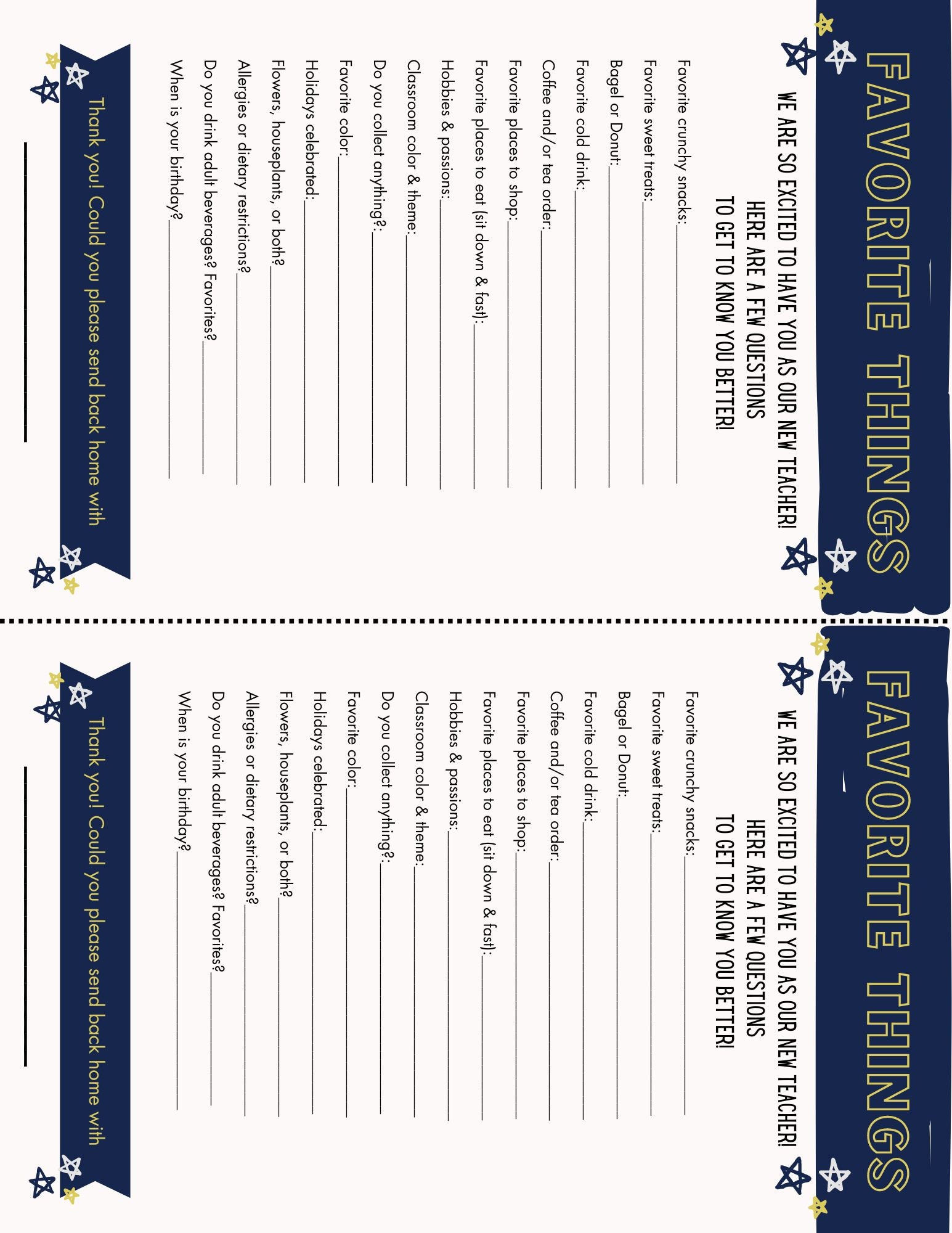 Teacher and Staff Favorites Sheet for School, Blue and Yellow, Staff ...