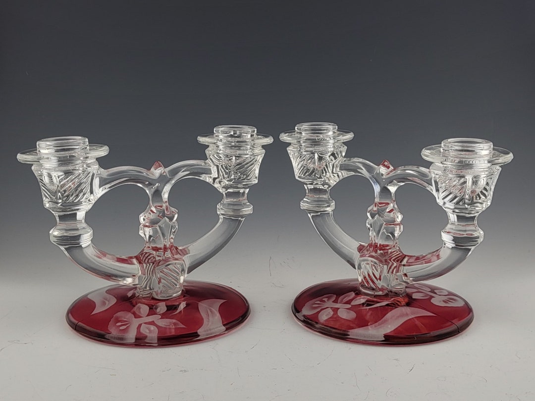 Beautiful Vintage Pair Indiana Ruby Red Flashed Glass Art Deco Double ...