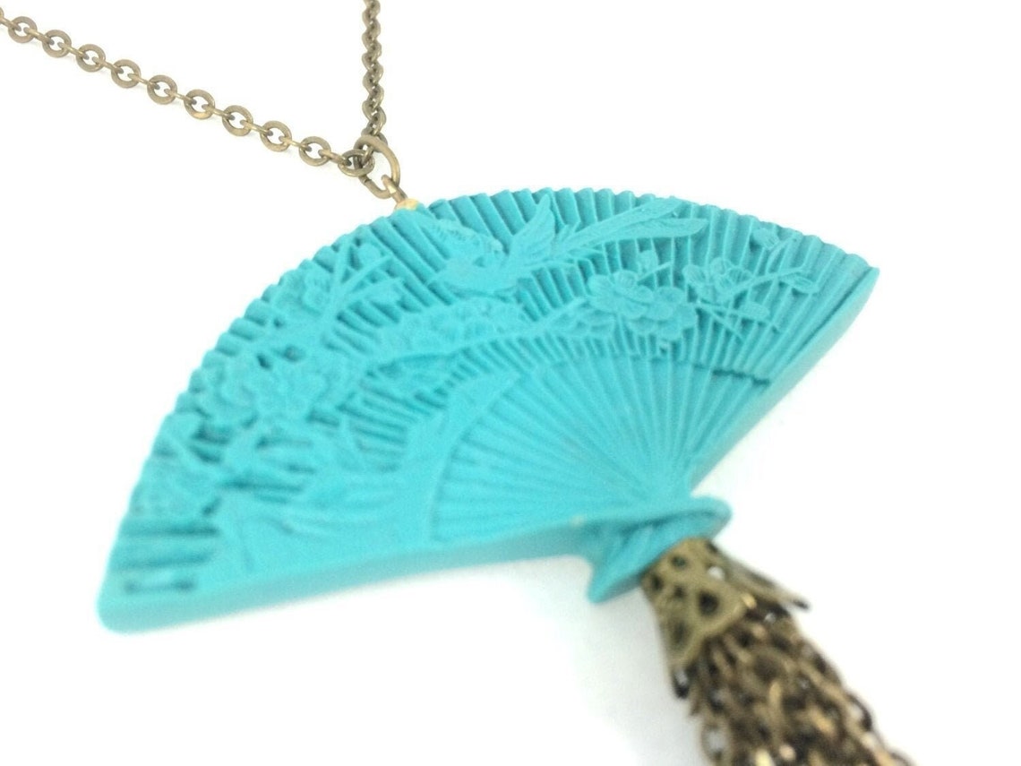 Turquoise Fan Necklace: Polymer Clay Tassel Pendant, Boho Jewelry - Etsy