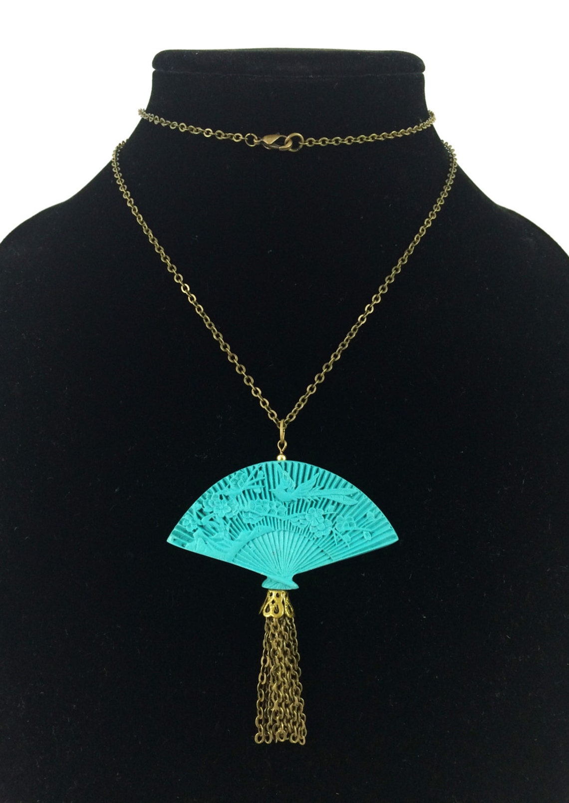 Turquoise Fan Necklace: Polymer Clay Tassel Pendant, Boho Jewelry - Etsy