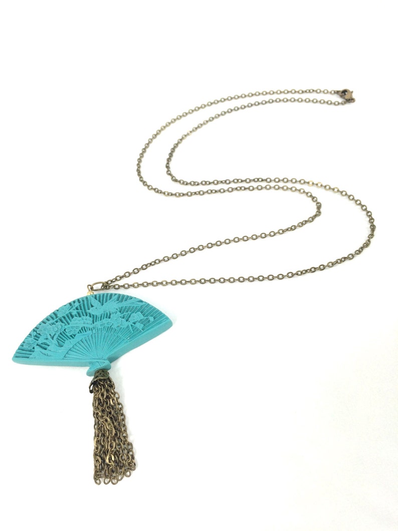 Turquoise Fan Necklace: Polymer Clay Tassel Pendant, Boho Jewelry - Etsy