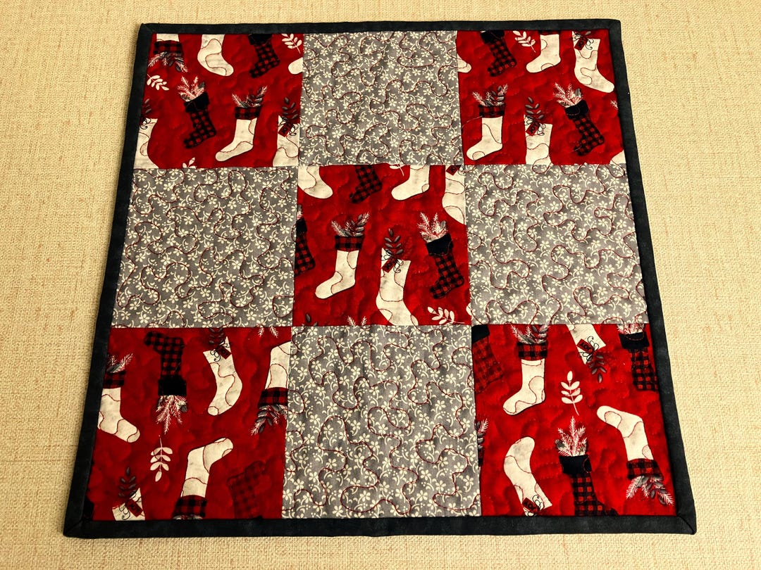 Christmas Stockings Table Topper, Holiday Candle Mat, Quilted Square ...