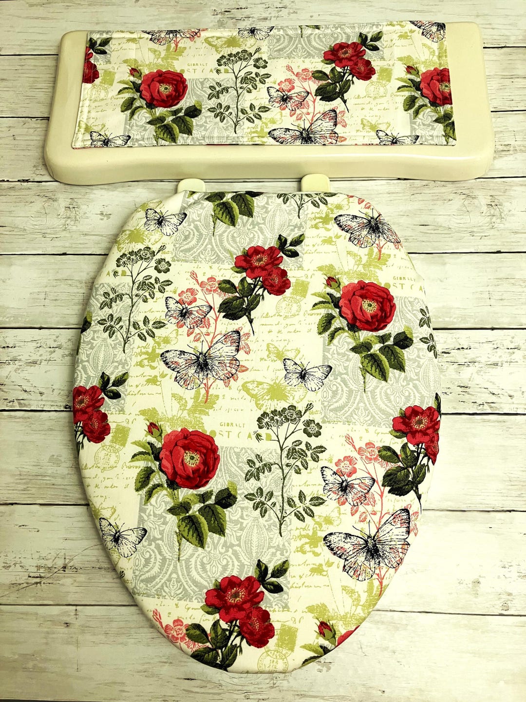 Toilet Cover Set, Roses and Butterflies, Bathroom Decor, Toilet Lid ...
