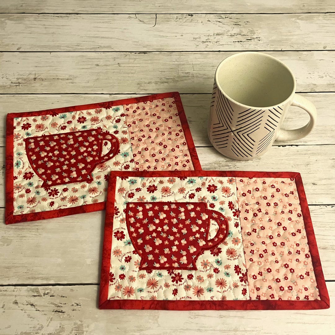 Valentine Mug Rug Set, Quilted Table Topper, Tea Cup Mug Rugs, Tea ...