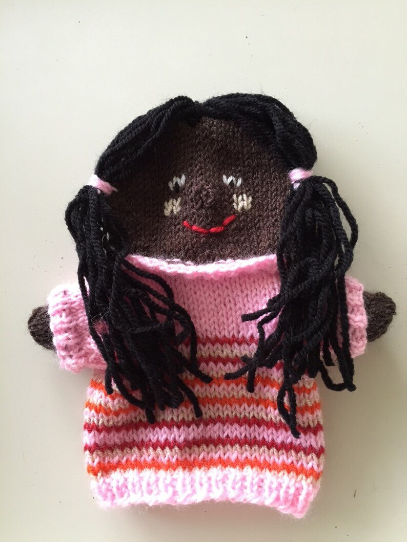Black knitted hand puppet girl with long black hair | Etsy