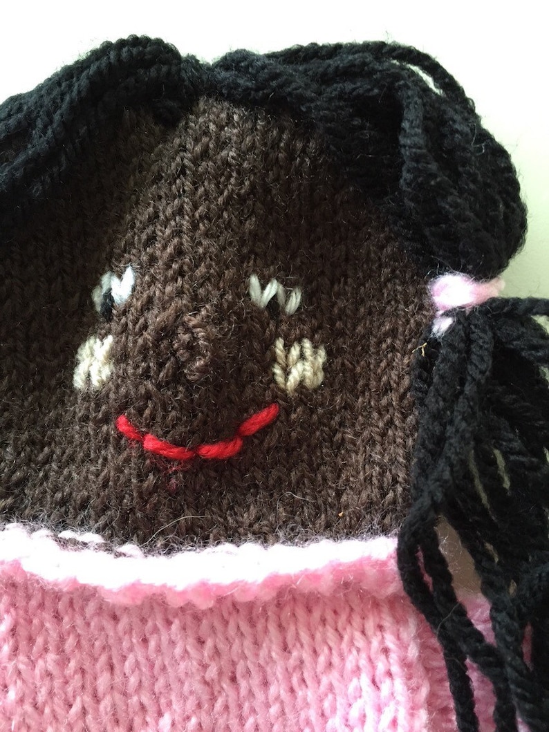 Black knitted hand puppet girl with long black hair | Etsy