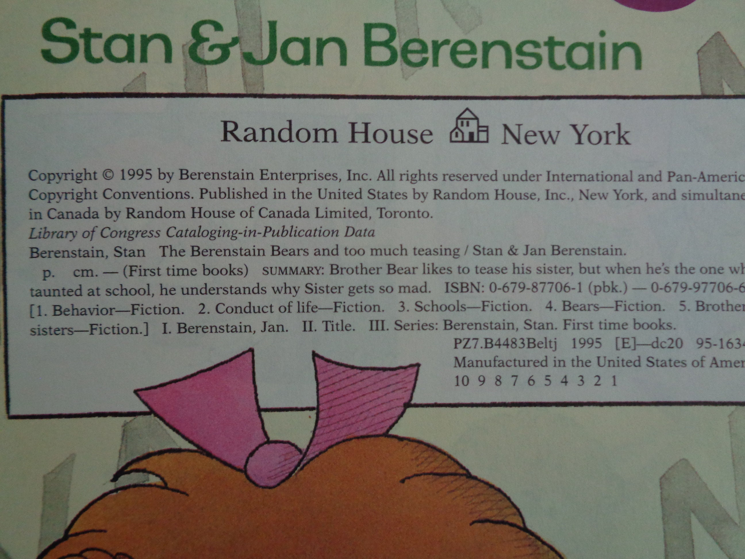 1995 the Berenstain Bears and Too Much Teasing Book by Stan & - Etsy