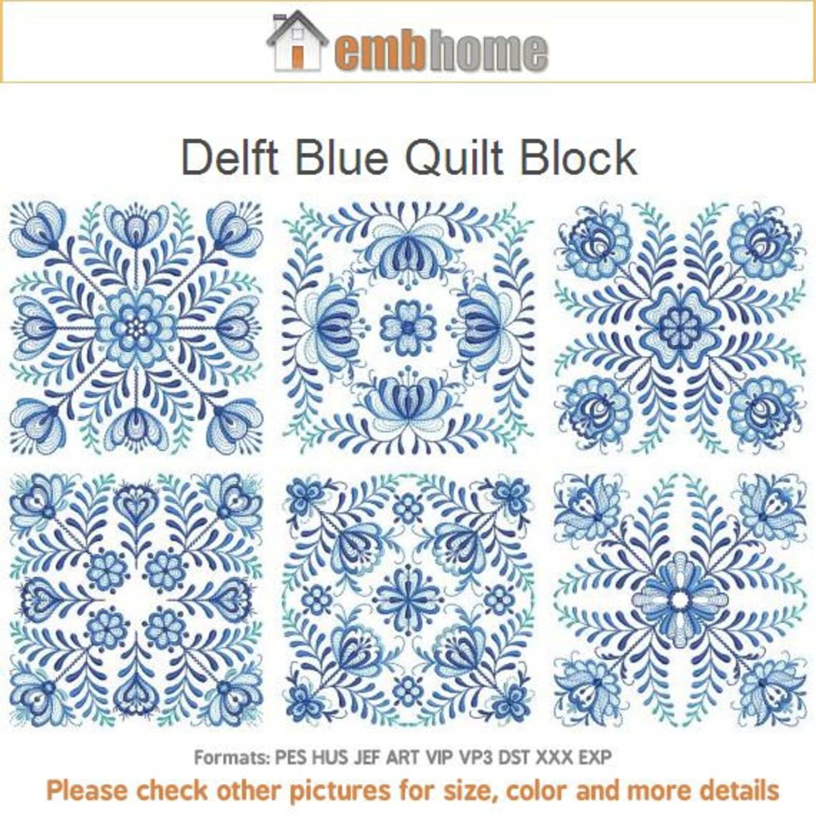 Delft Blue Quilt Block Machine Embroidery Designs Pack Instant - Etsy