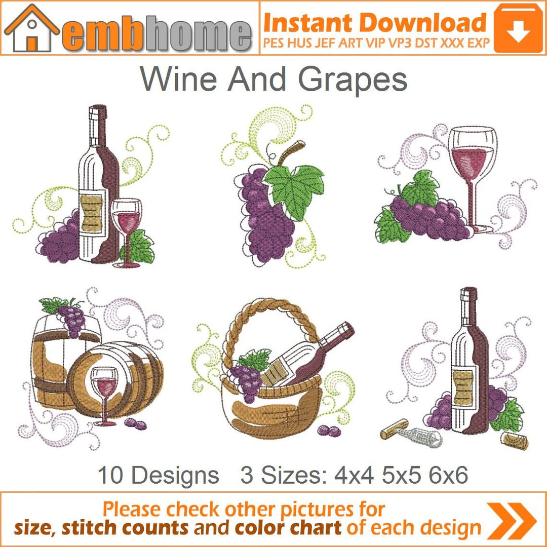 Wine and Grapes Machine Embroidery Designs Instant Download 4x4 5x5 6x6 ...