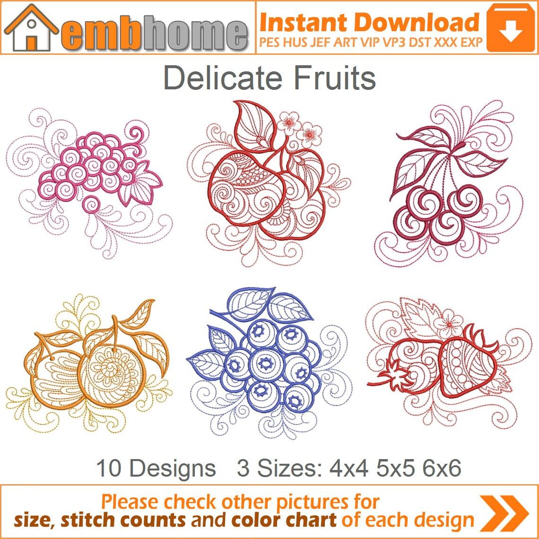 Delicate Fruit Embroidery Designs Instant Download 4x4 5x5 6x6 Hoop 10 ...