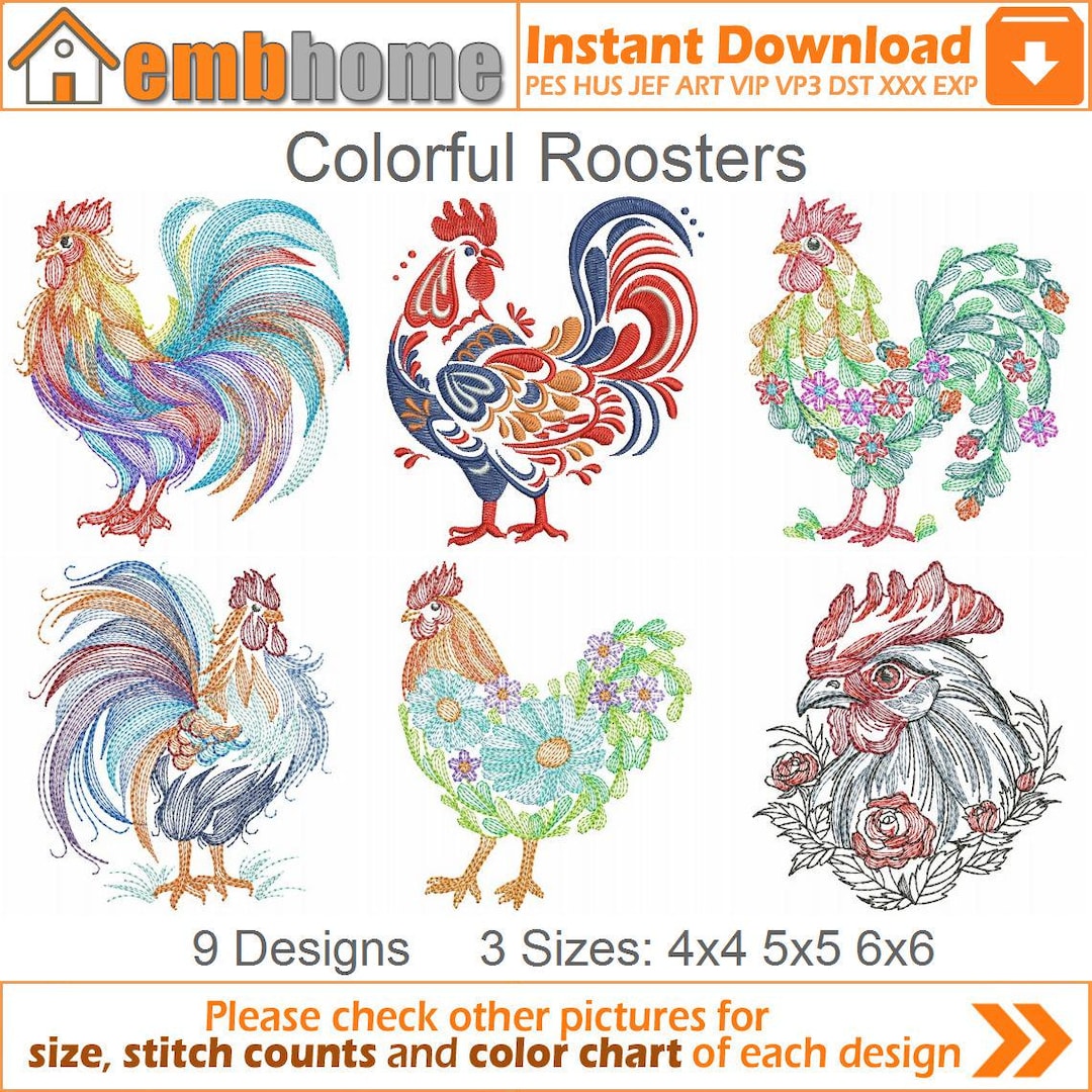 Colorful Roosters Machine Embroidery Designs Pack Instant Download 4x4 ...