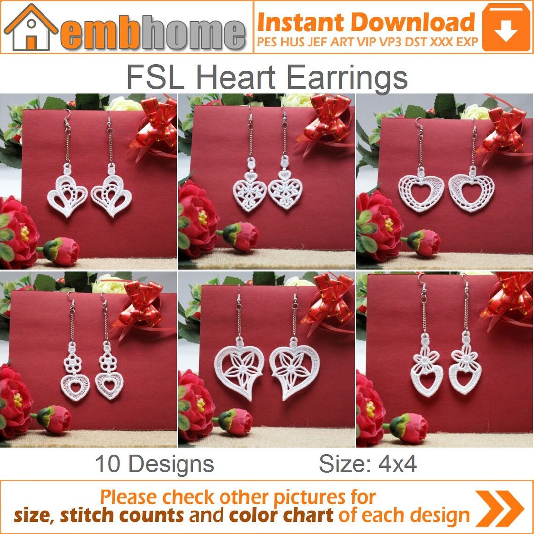 FSL Heart Earrings Free Standing Lace Machine Embroidery Designs ...