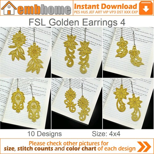 FSL Golden Earrings Free Standing Lace Machine Embroidery - Etsy