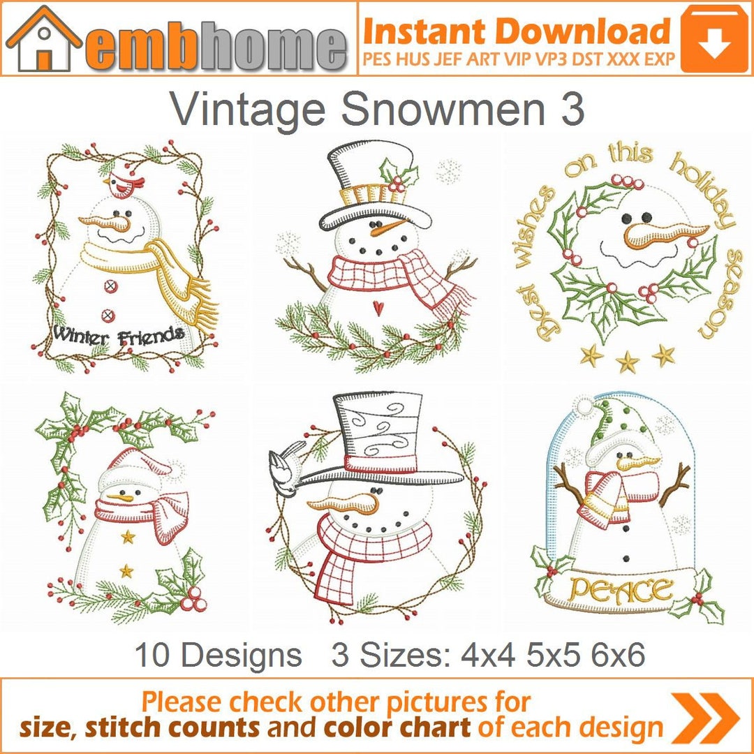 Vintage Snowmen Machine Embroidery Designs Instant Download 4x4 5x5 6x6 ...