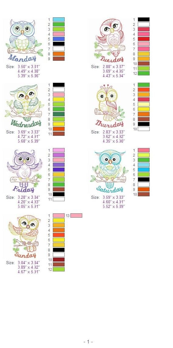Days Of The Week Owls Machine Embroidery Designs Pack Instant | Etsy