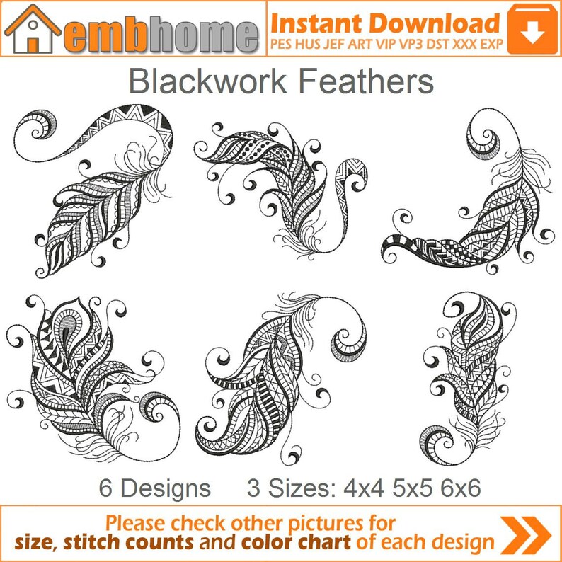 Blackwork Feathers Machine Embroidery Designs Pack Instant - Etsy