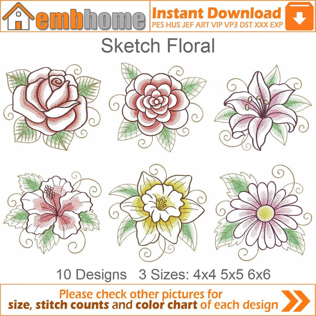Sketch Floral Machine Embroidery Designs Instant Download 4x4 5x5 6x6 ...