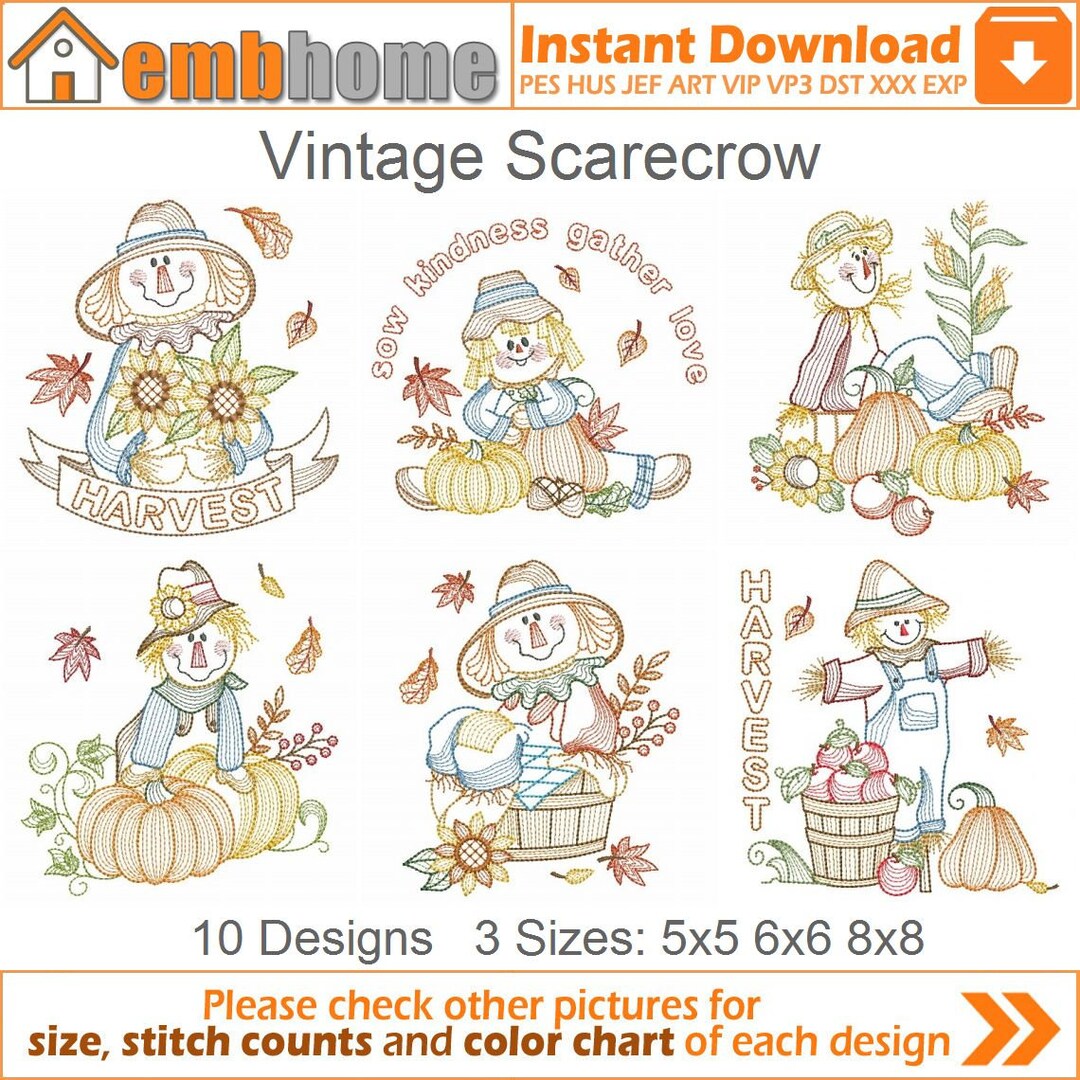 Vintage Scarecrow Machine Embroidery Designs Instant Download 5x5 6x6 ...