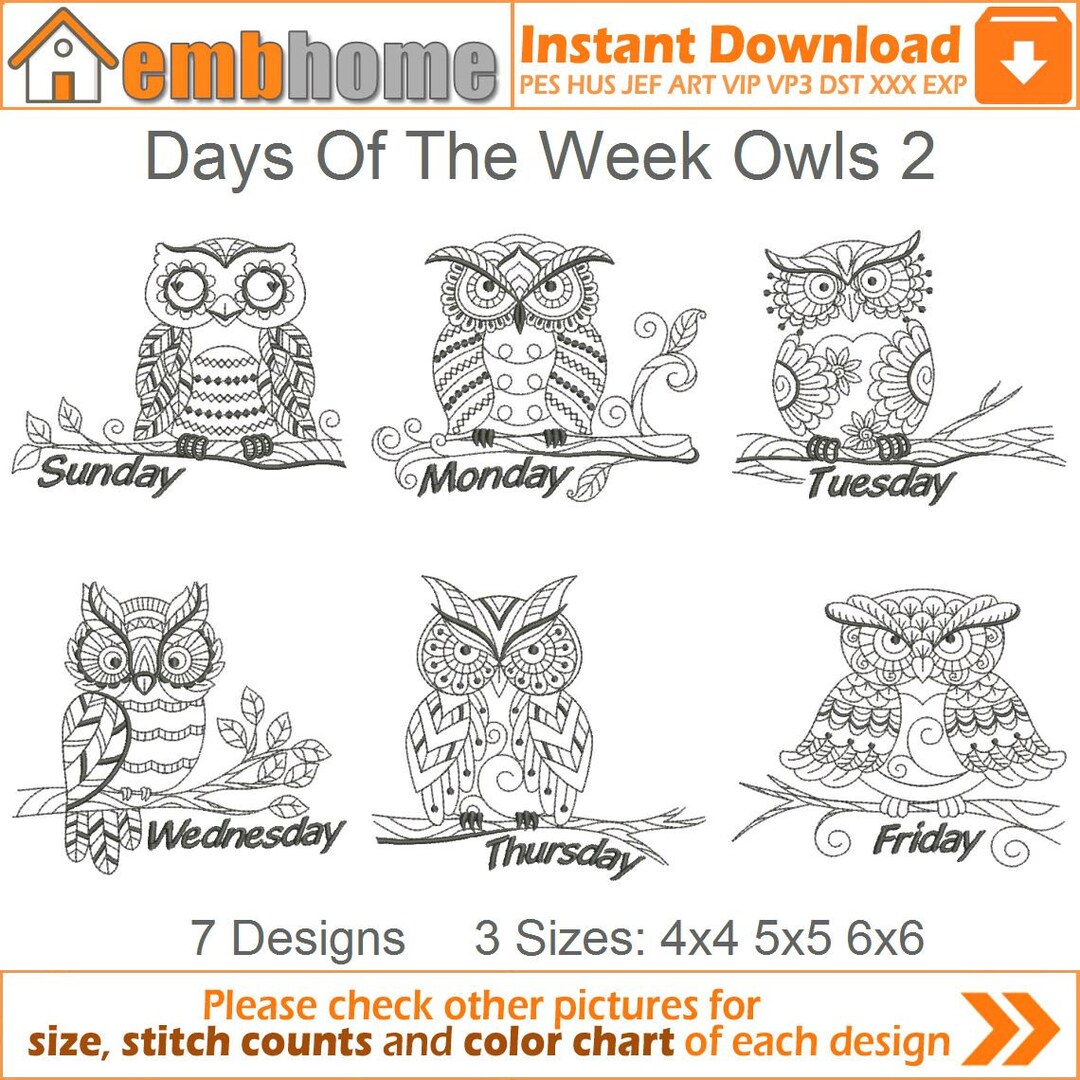 Days of the Week Owls Machine Embroidery Designs Pack Instant Download ...