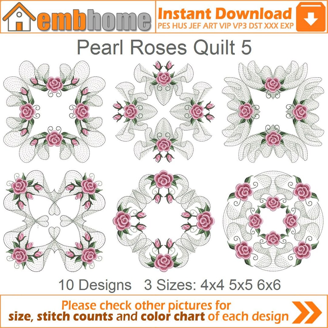 Pearl Roses Quilt Heirloom Block Machine Embroidery Designs Instant ...